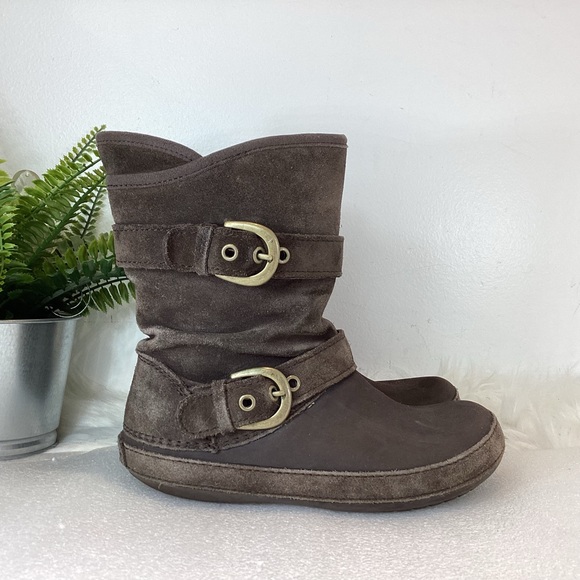 CROCS | Shoes | Crocs Boho Distressed Suede Leather Ankle Boots Buckles ...